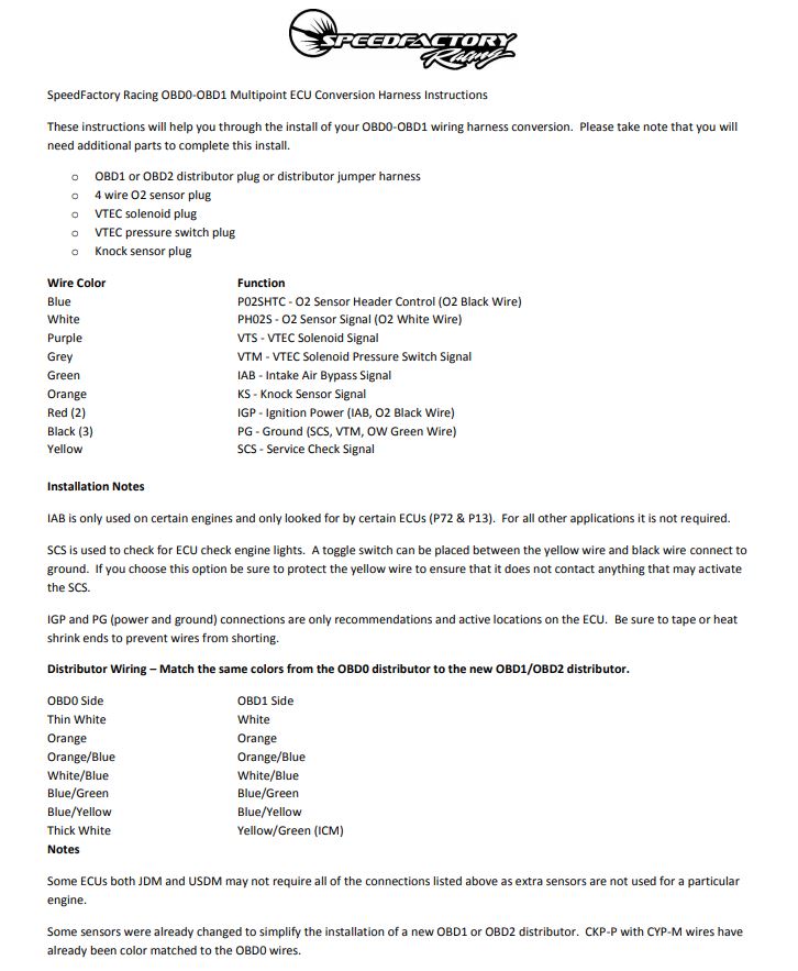 SpeedFactory Racing OBD0 to OBD1 ECU Conversion Harness for Multi-Poin ...